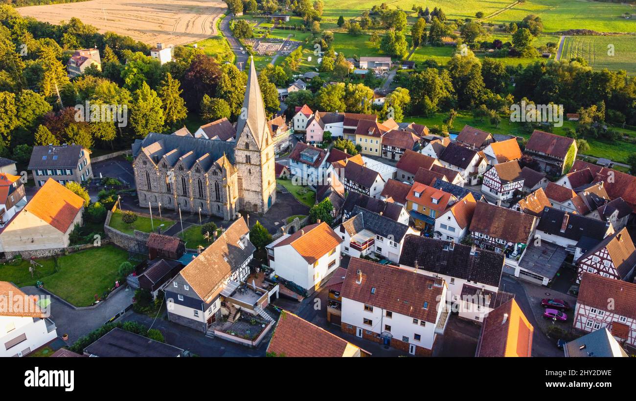 Aerial view of the houses and green spaces of town Schotten, Hesse ...