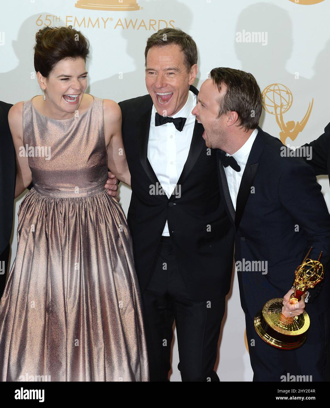 Betsy Brandt, Bryan Cranston, Aaron Paul in the press room at the 65th ...