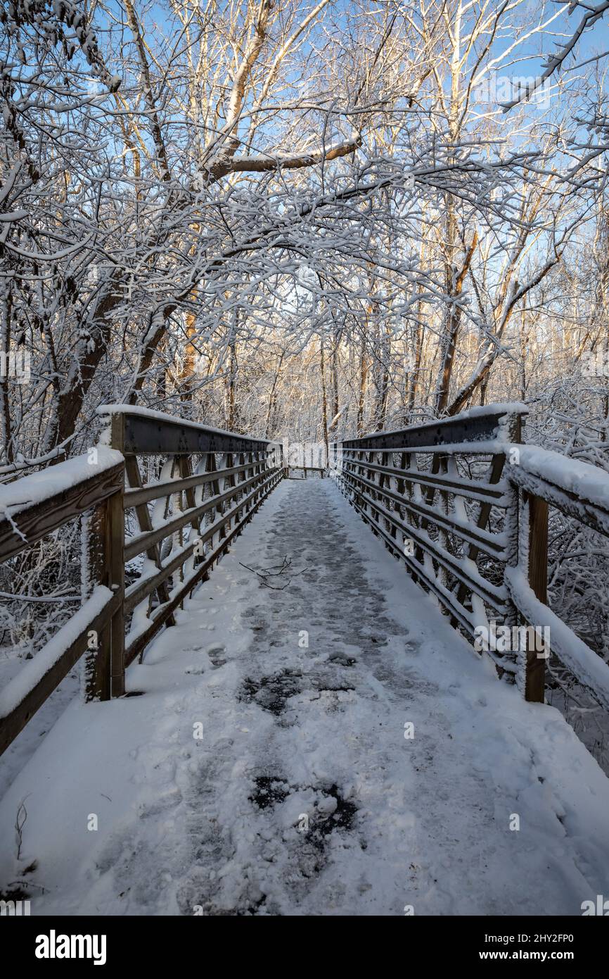 Snow covered bridge over river in the woods Stock Photo - Alamy