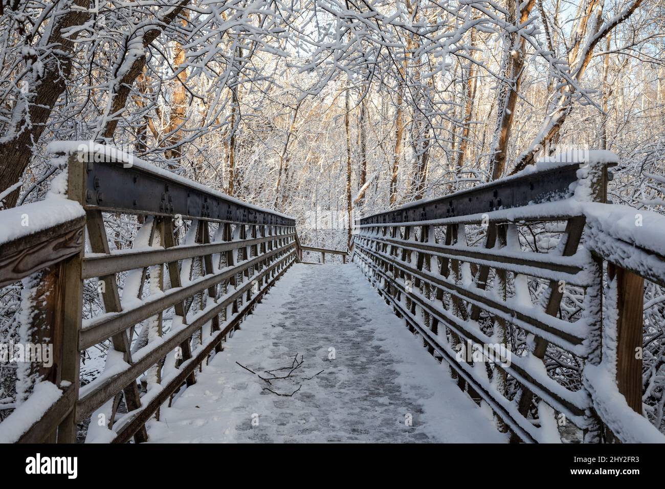 Snow covered bridge over river in the woods Stock Photo - Alamy