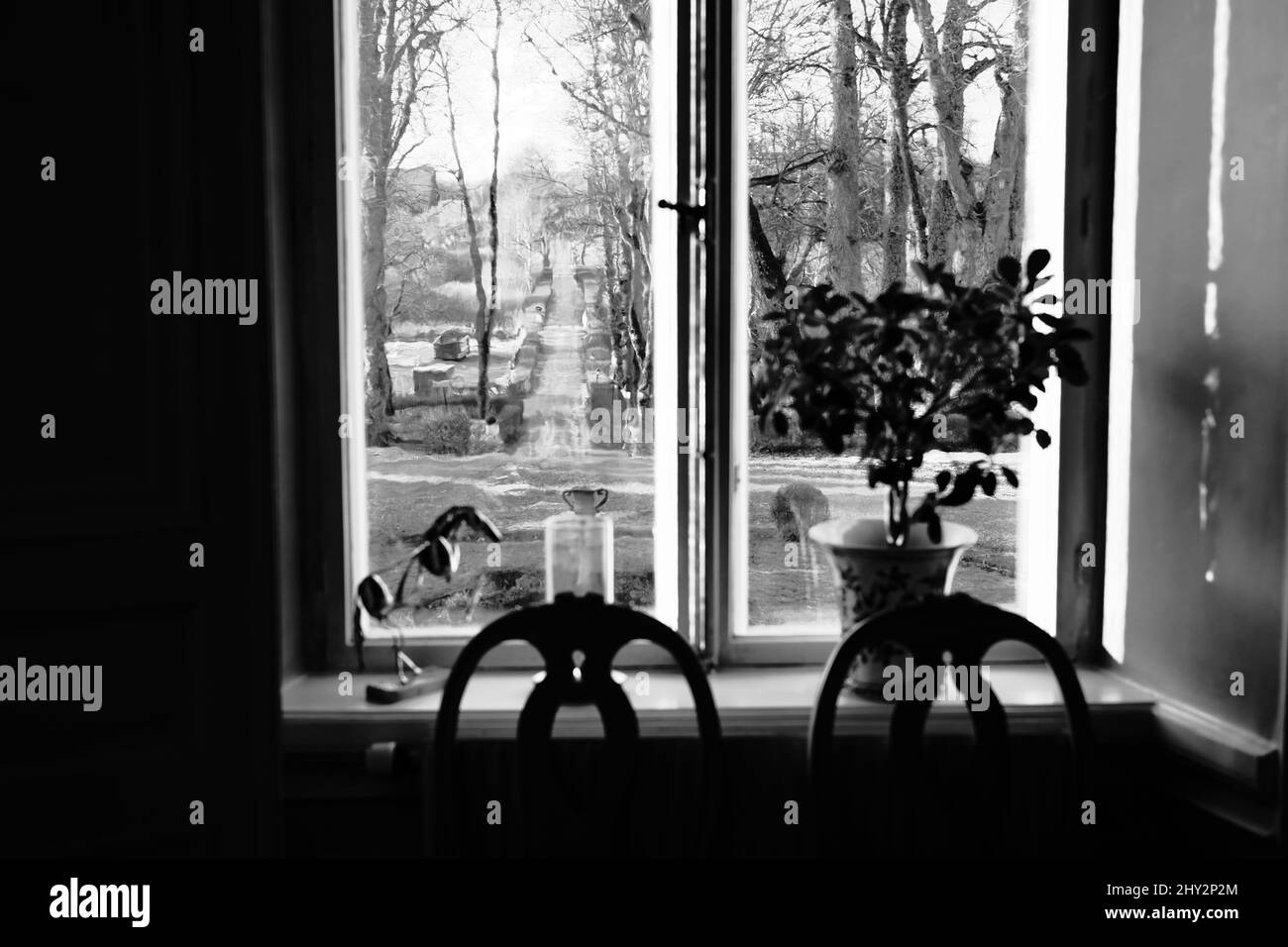 View from a castle window in black and white Stock Photo - Alamy