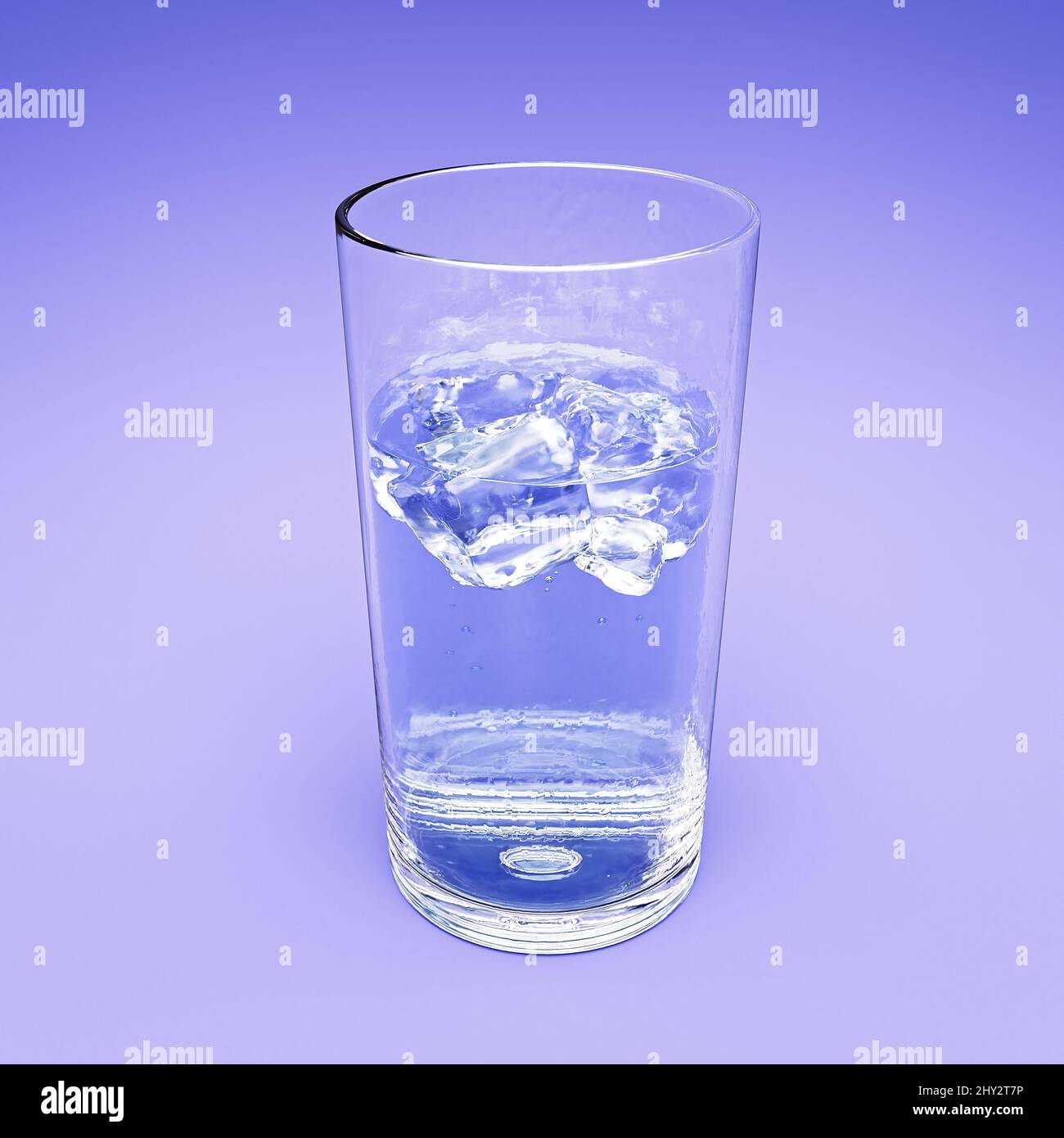 Colored soft drink in transparent glass on purple background. 3D ...