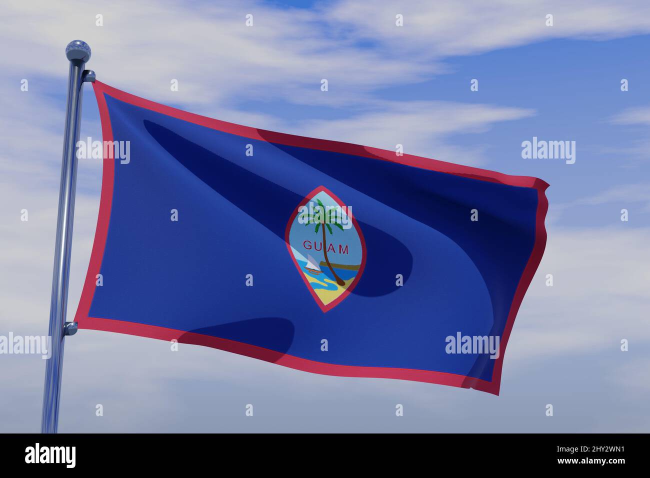 Illustration of Waving flag of Guam with chrome flag pole in blue sky ...