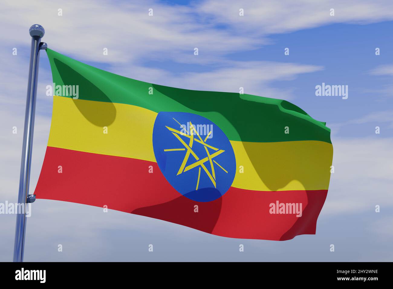 Illustration of Waving flag of Ethiopia with chrome flag pole in blue sky waving in the wind ...