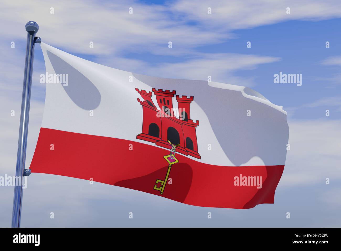 Illustration of Waving flag of Gibraltar with chrome flag pole in blue ...