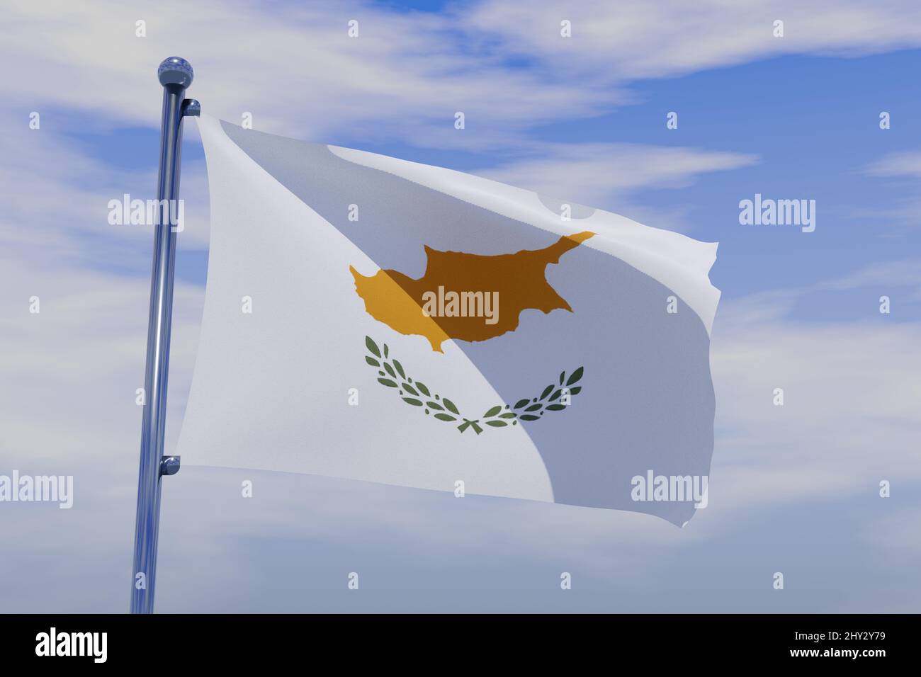 Illustration of Waving flag of Cyprus with chrome flag pole in blue sky ...