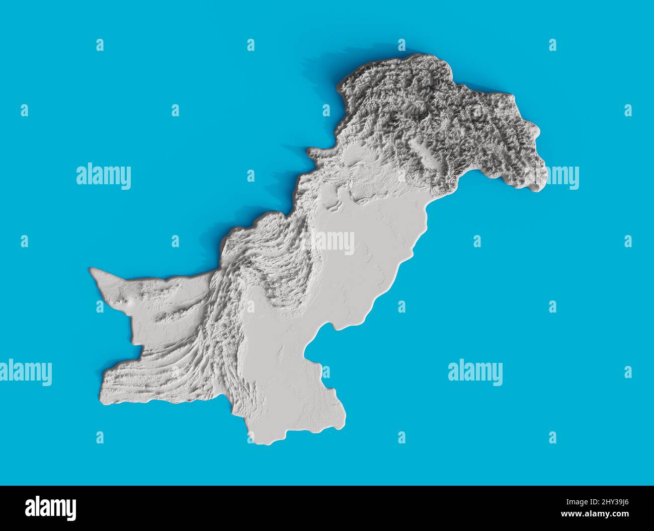 3D render of a white satellite map of Pakistan in a blue background ...