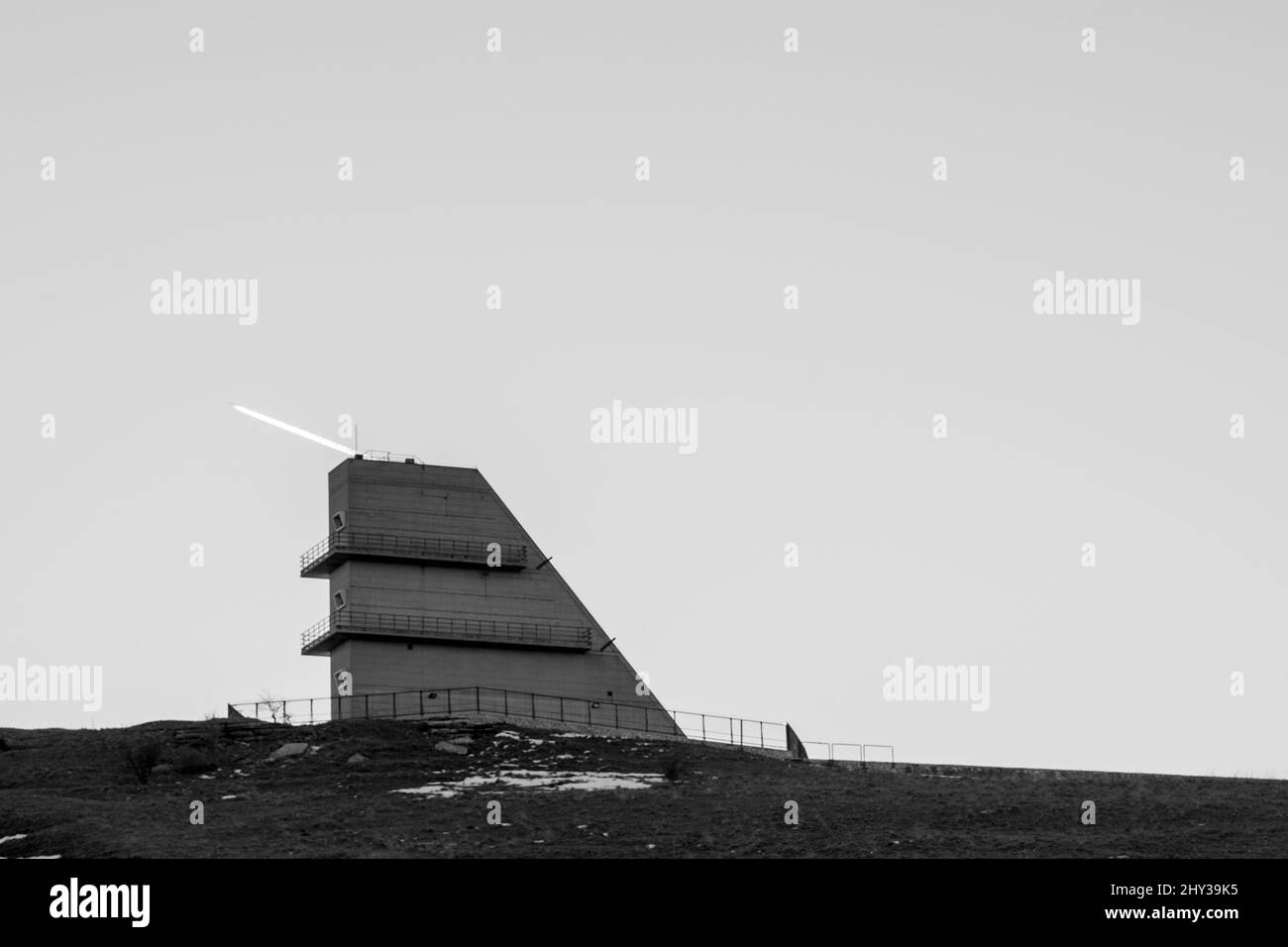 Grayscale of a radio detection and ranging station in the middle of an ...