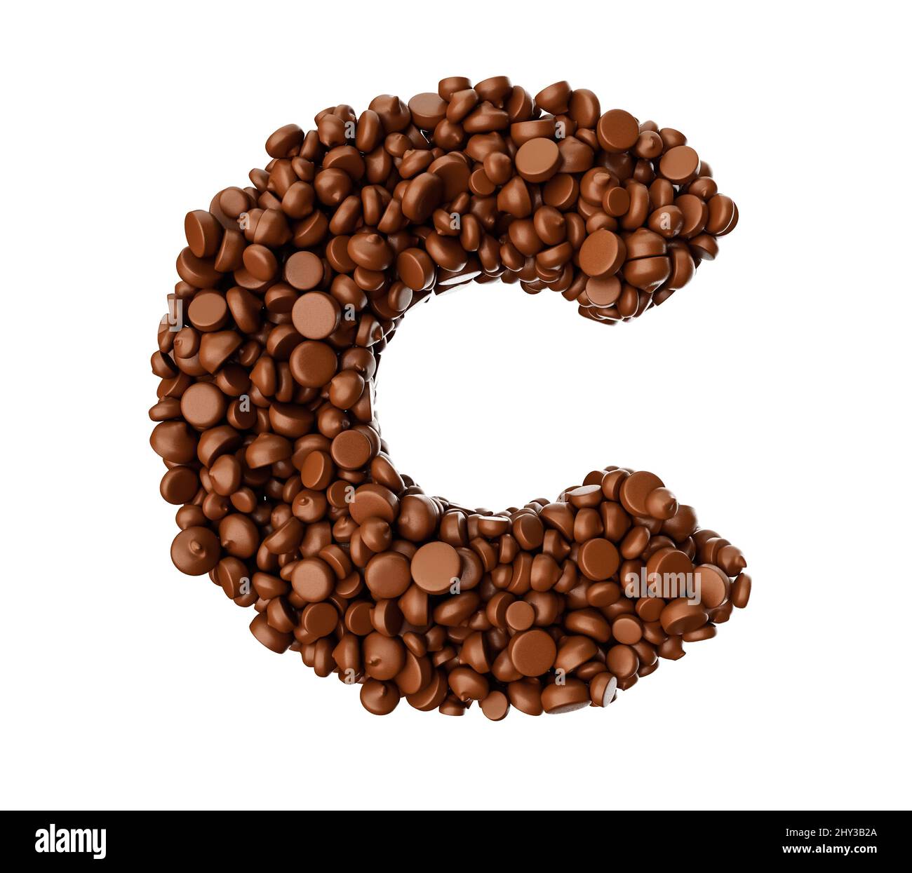 3D render of the letter C made of chocolate bits on a white background ...