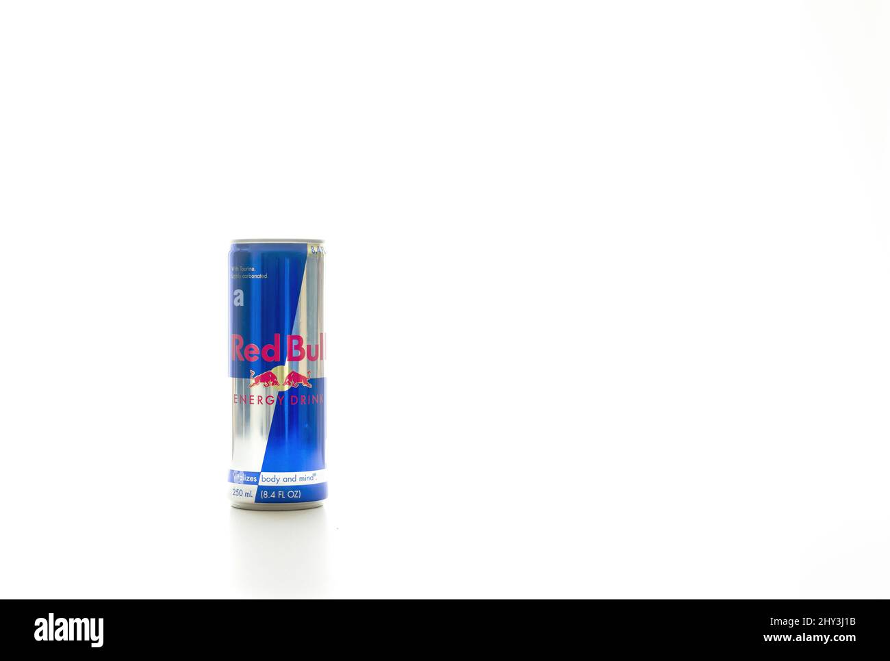 Closeup of a Red Bull can on white background with copy space Stock ...