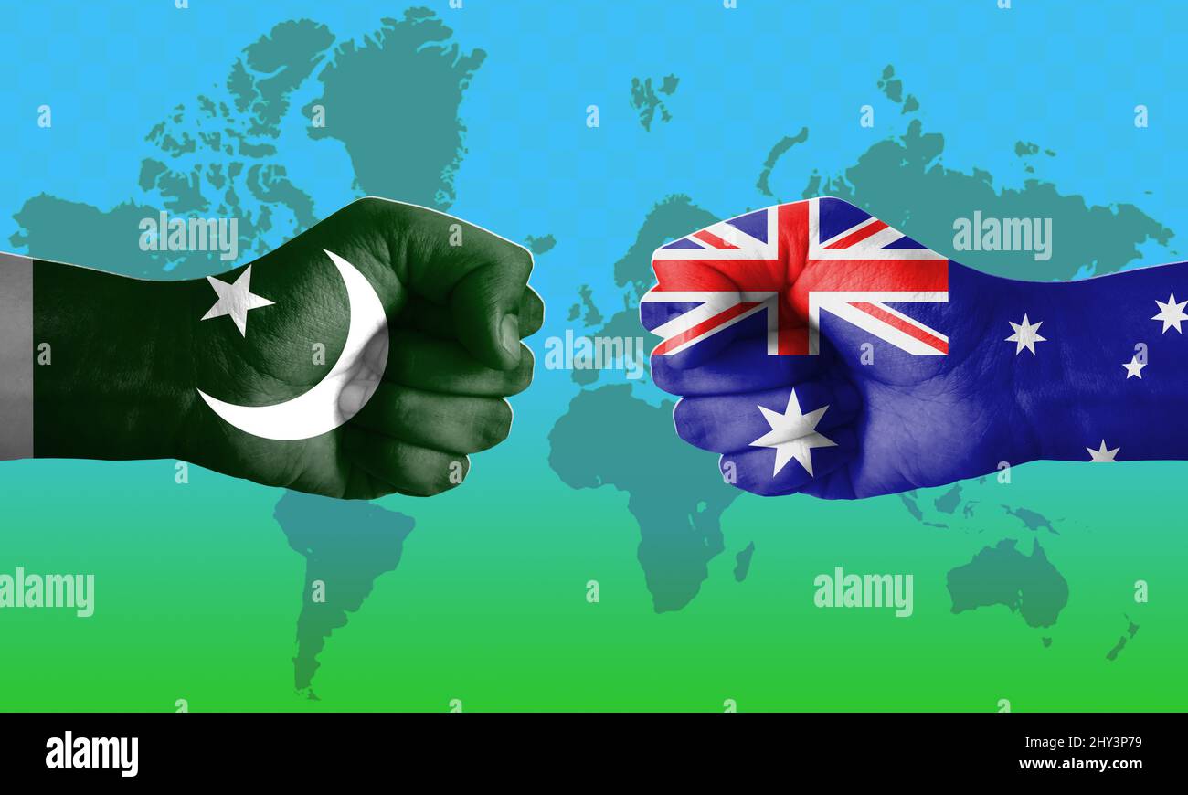 Fist to fist with illustrated Pakistan and Australia flags in the ...