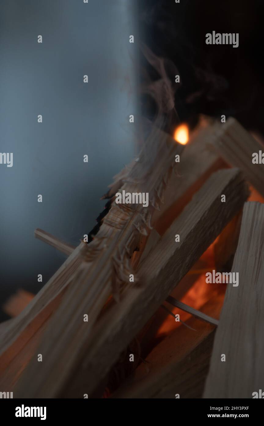 Vertical closeup of fire flames burning the woods in the chimney Stock ...