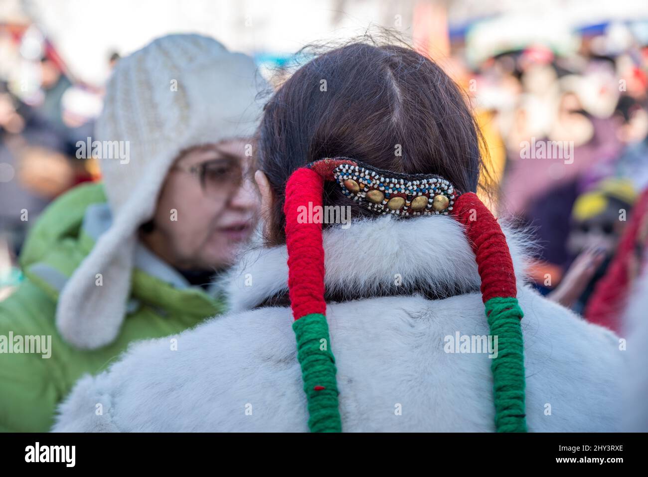 Nenet woman with traditional hair decoration at Reindeer Herdes ...