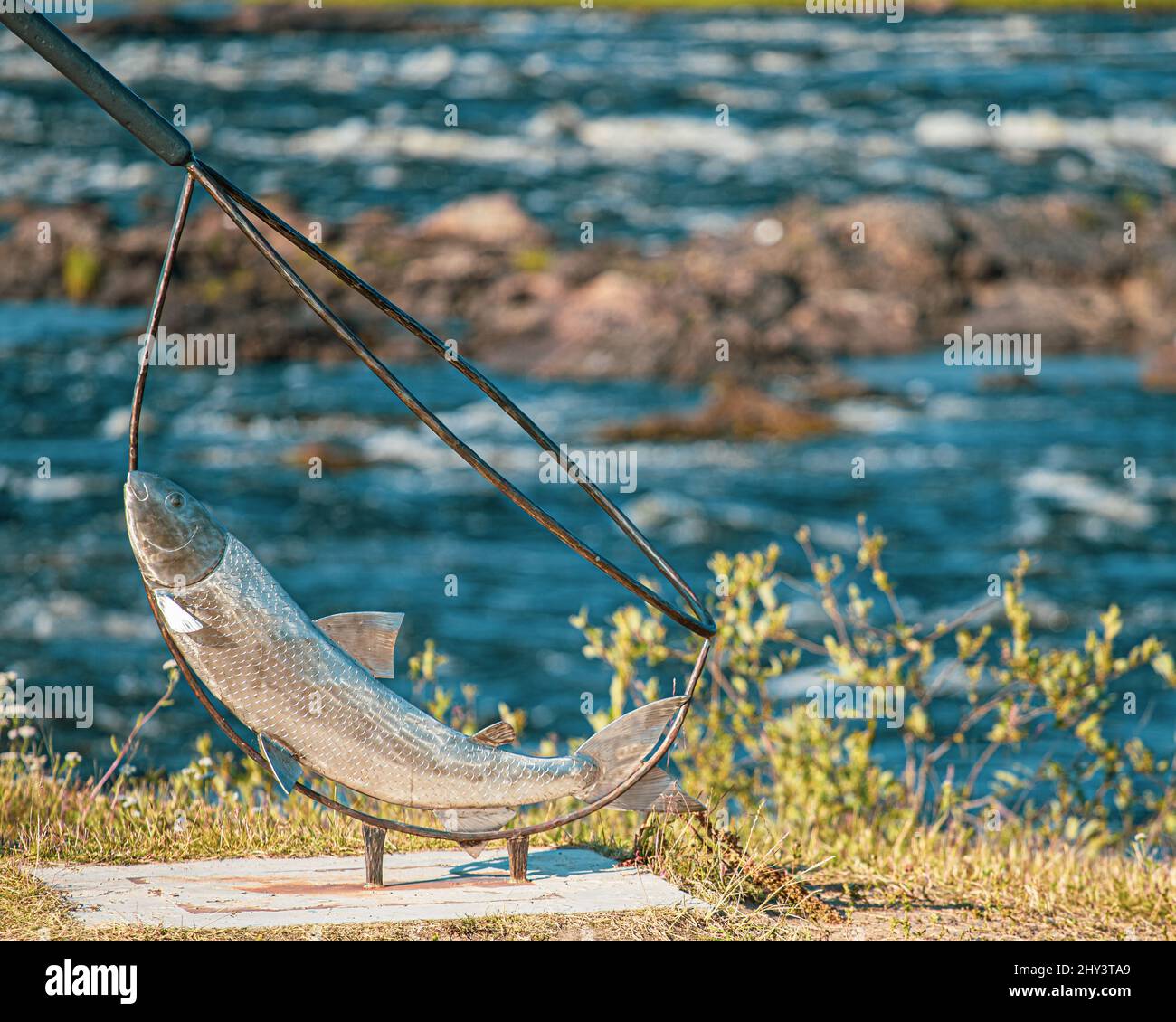 Closeup of the metal sculpture of a caught fish against the background ...