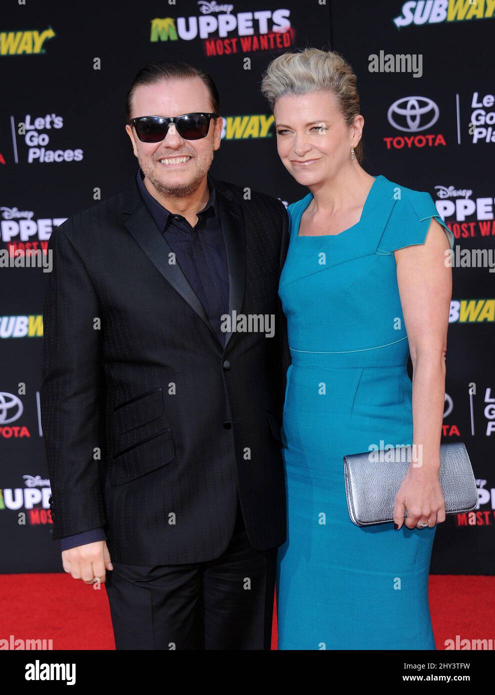 Ricky Gervais & Jane Fallon attending the Muppets Most Wanted Los ...