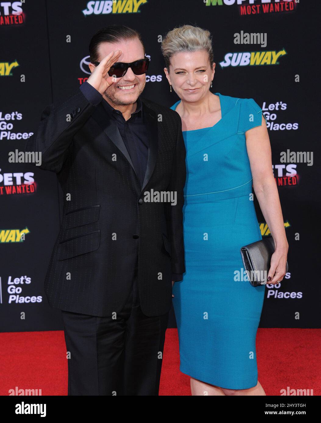 Ricky Gervais & Jane Fallon attending the Muppets Most Wanted Los ...