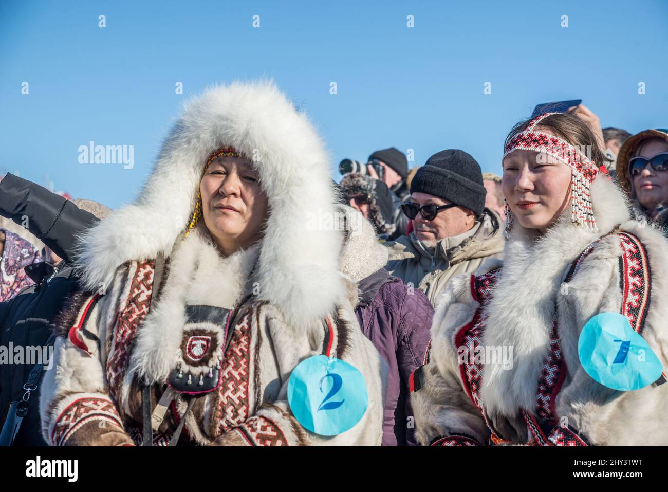 Nenet mother and daughter at a traditional wear competition at Reindeer ...