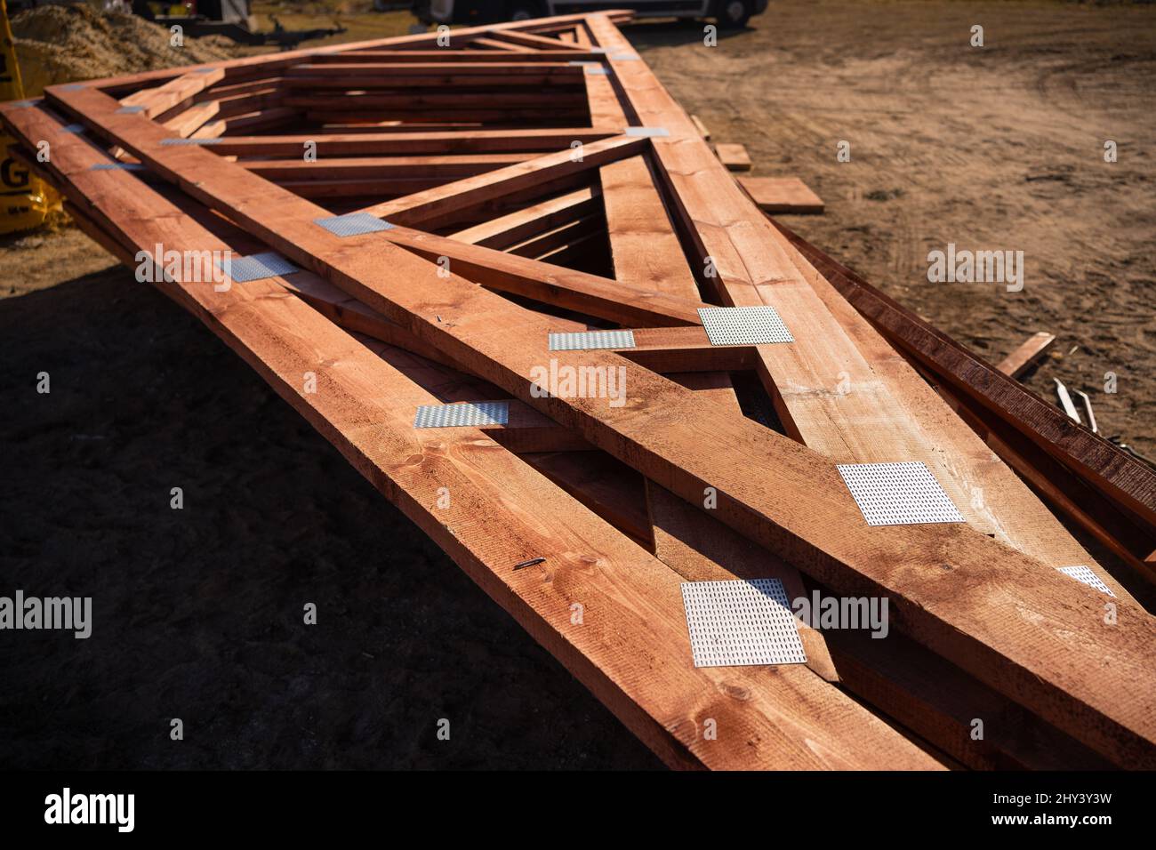 New under construction roof beams the construction site Stock Photo - Alamy