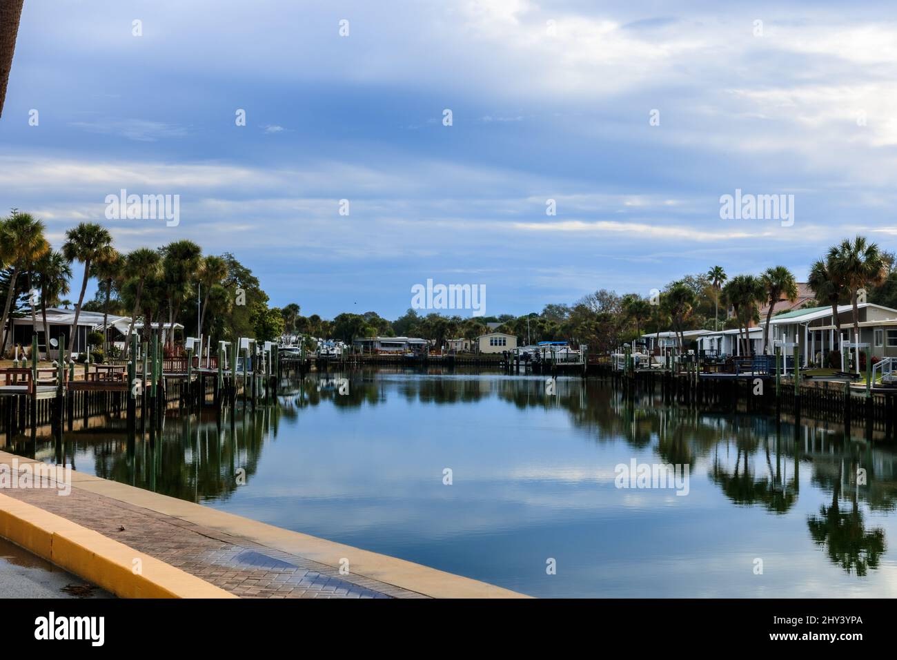 View of the channel surrounded by palm trees. Tampa, Florida, United ...
