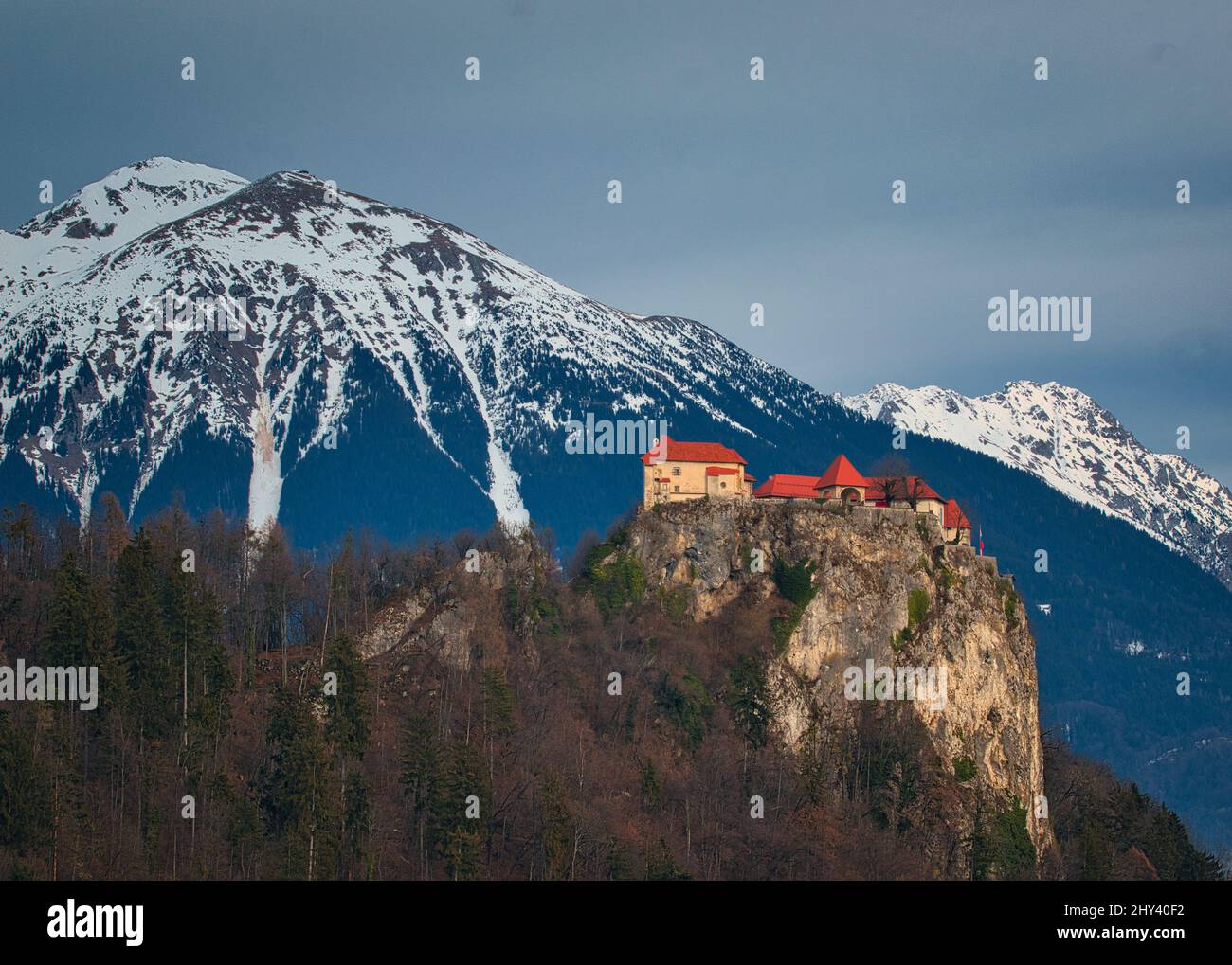 View of Bled castle. A medieval castle built on a precipice above the ...
