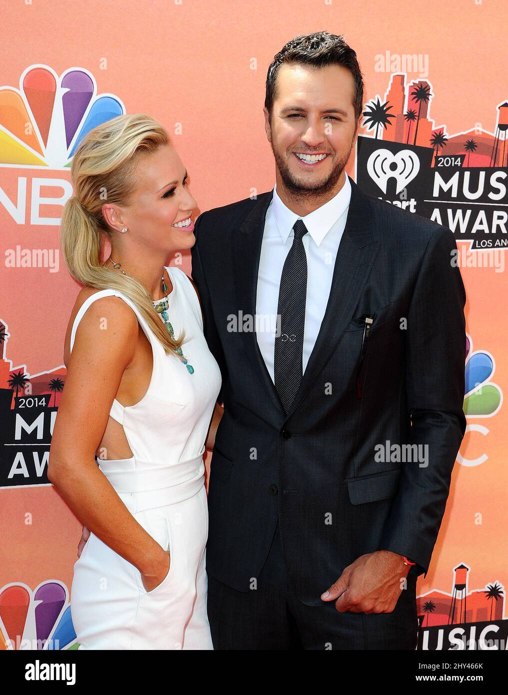 Luke Bryan and wife Caroline Boyer arriving at the 2014 iHeart Radio ...