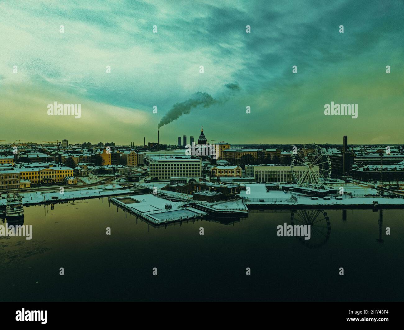 Aerial view of the Helsinki port on cloudy sky background in Finland ...