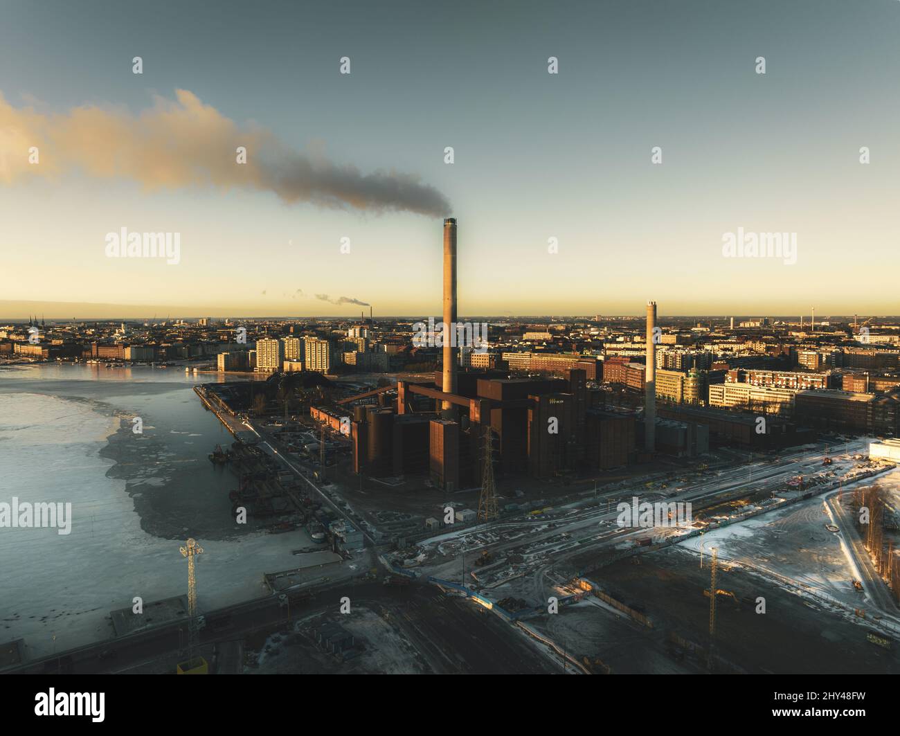 Aerial view of a factory in the Hanasaari neighborhood in Helsinki ...