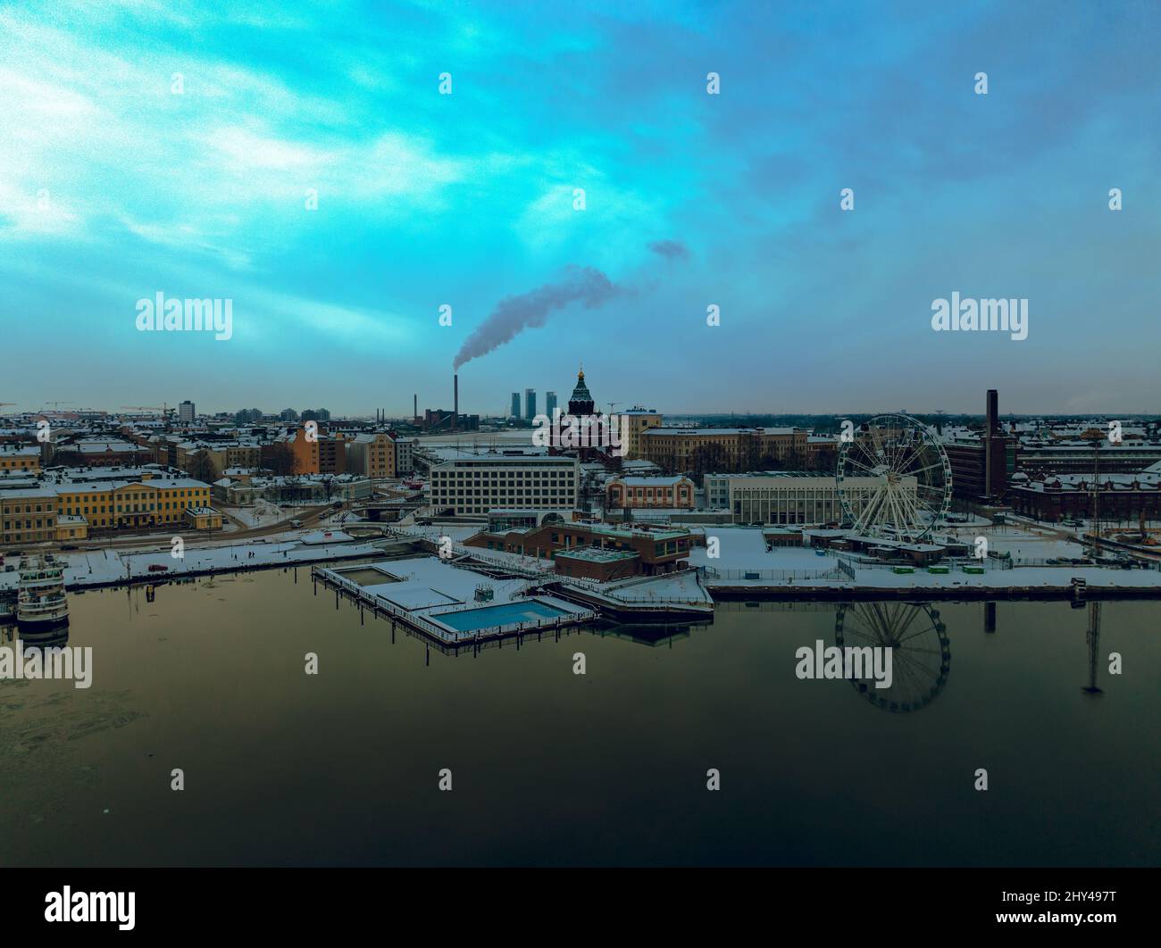 Aerial view of the Helsinki port on cloudy sky background in Finland ...