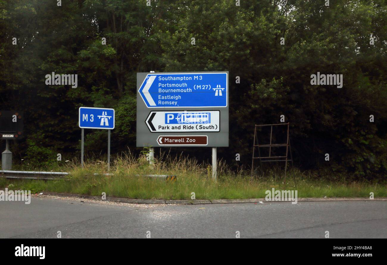 M3 Motorway signs Towards Southampton Park and ride Marwell zoo England ...