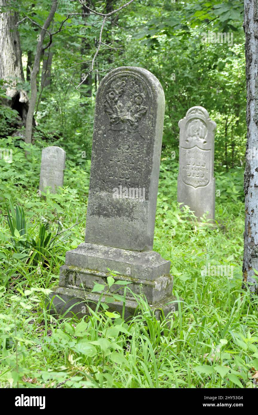 Very old cemetery headstones in an overgrown cemetery in Missouri Stock ...