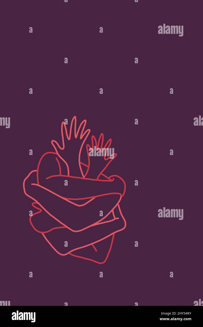 Illustration of hands hugging and forming a realistic heart on a purple ...
