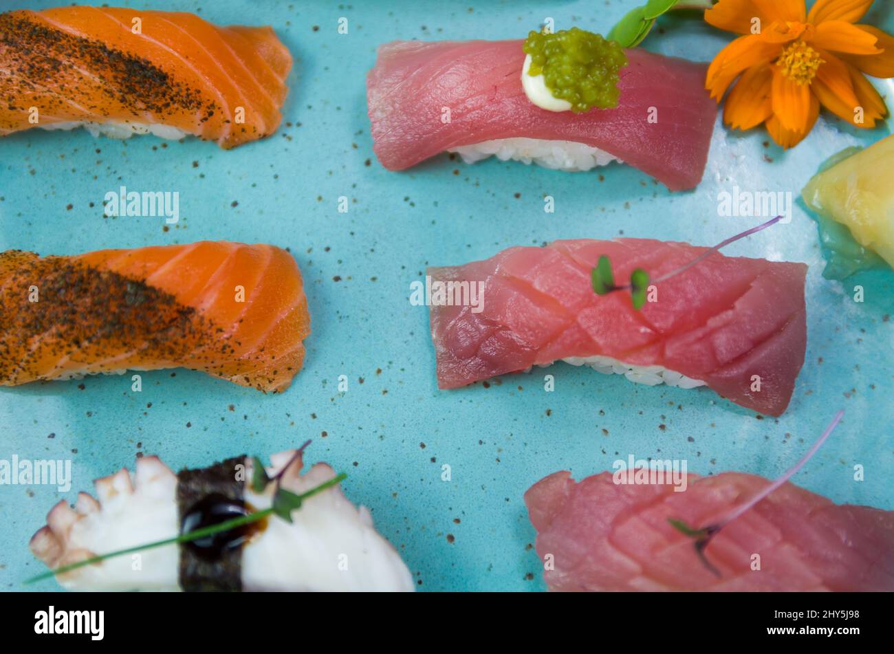 Assorted premium tuna and salmon nigiri sushi on a beautifully ...