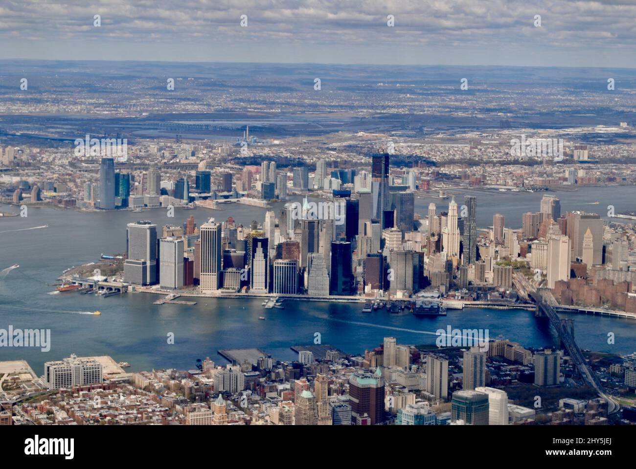 Aerial view of the southern tip of Manhattan and New York harbor, New ...
