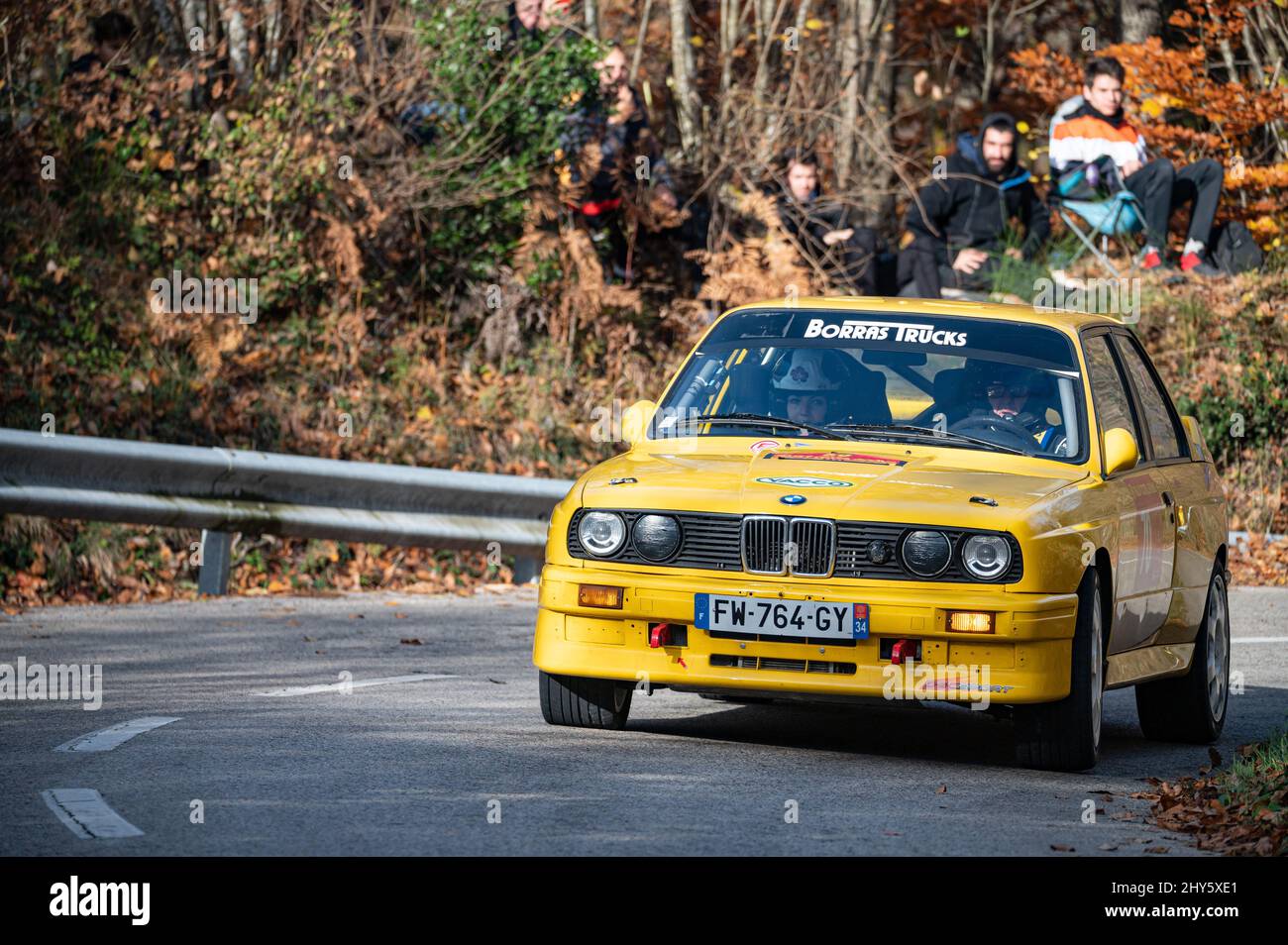 Yellow BMW E30 M3 rally car driving during the 69th Rally Costa Brava ...