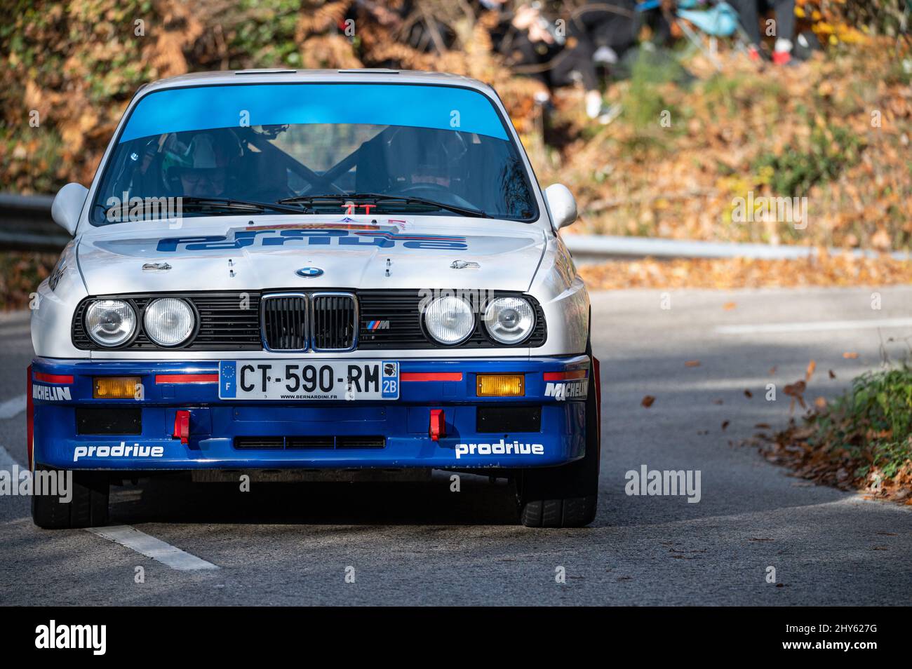 Blue BMW E30 M3 rally car driving during the 69th Rally Costa Brava ...