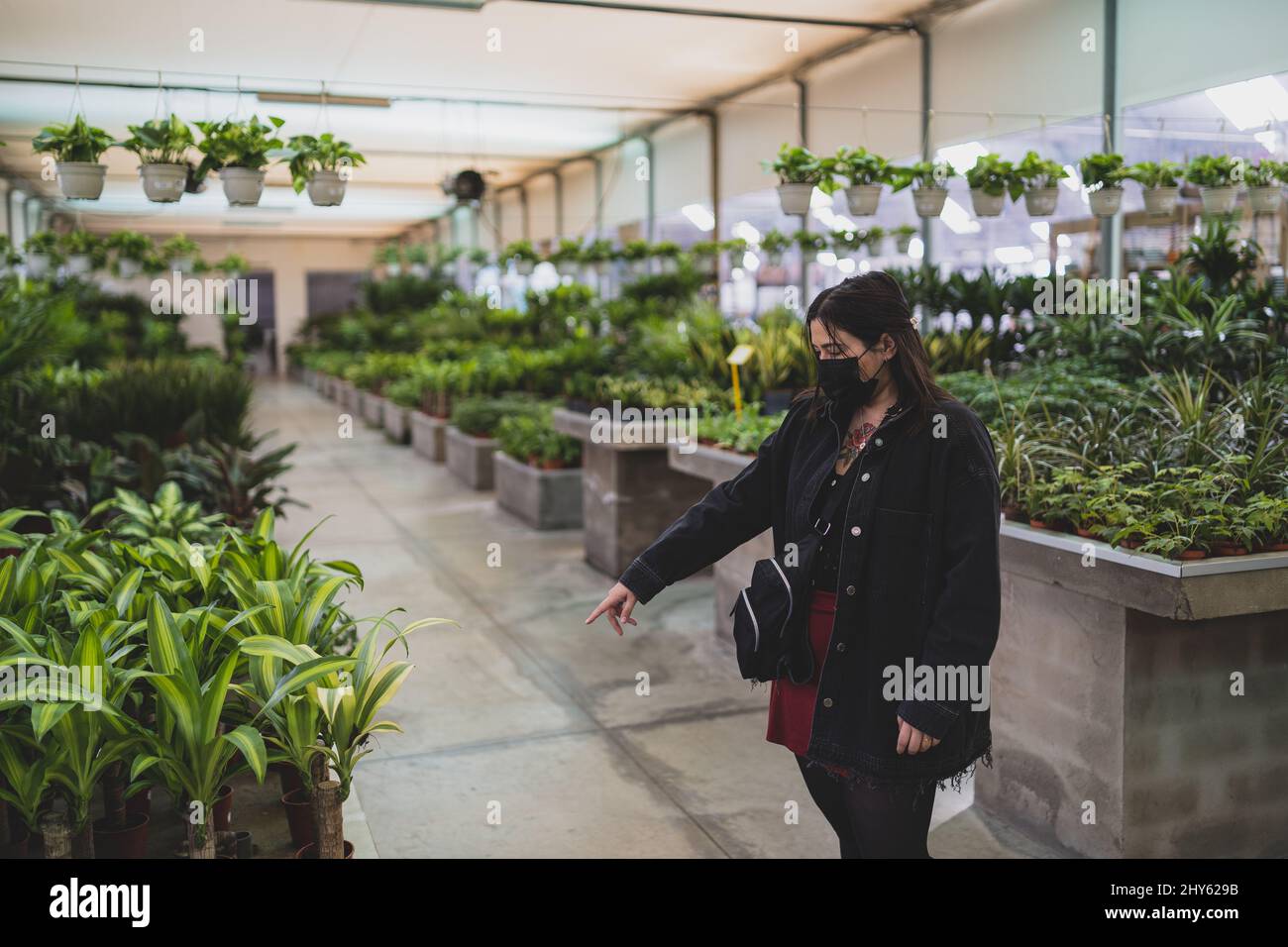 Caucasian young woman wearing a face mask looking at the exotic plants ...