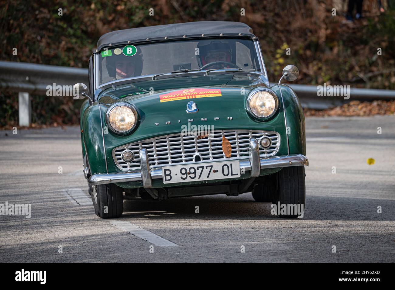 Green Triumph TR3 A rally car driving during the 69th Rally Costa Brava ...