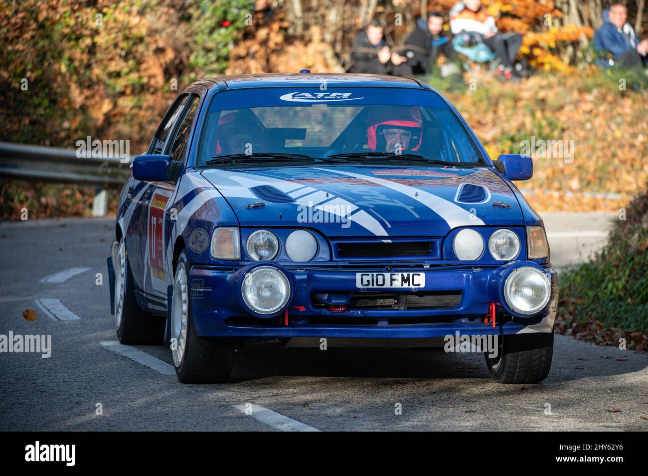 Blue Ford Sierra Cosworth 4x4 rally car driving during the 69th Rally ...