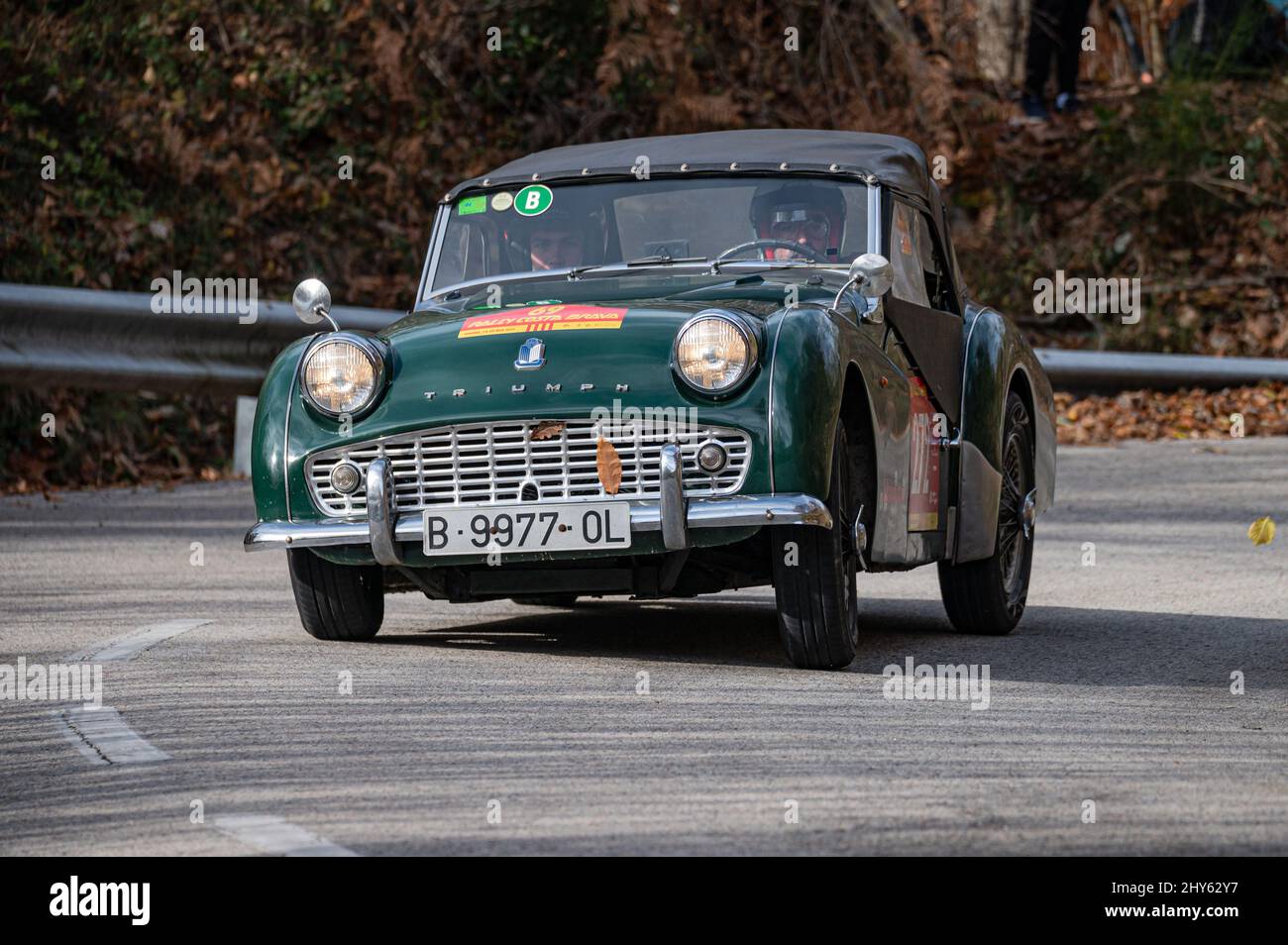 Green Triumph TR3 A rally car driving during the 69th Rally Costa Brava ...