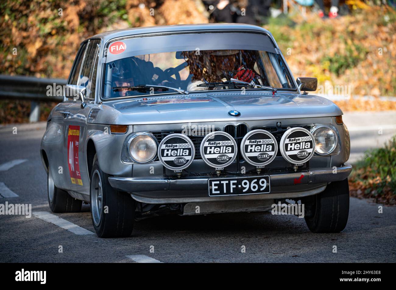 Silver gray BMW 2002 TI rally car driving during the 69th Rally Costa ...