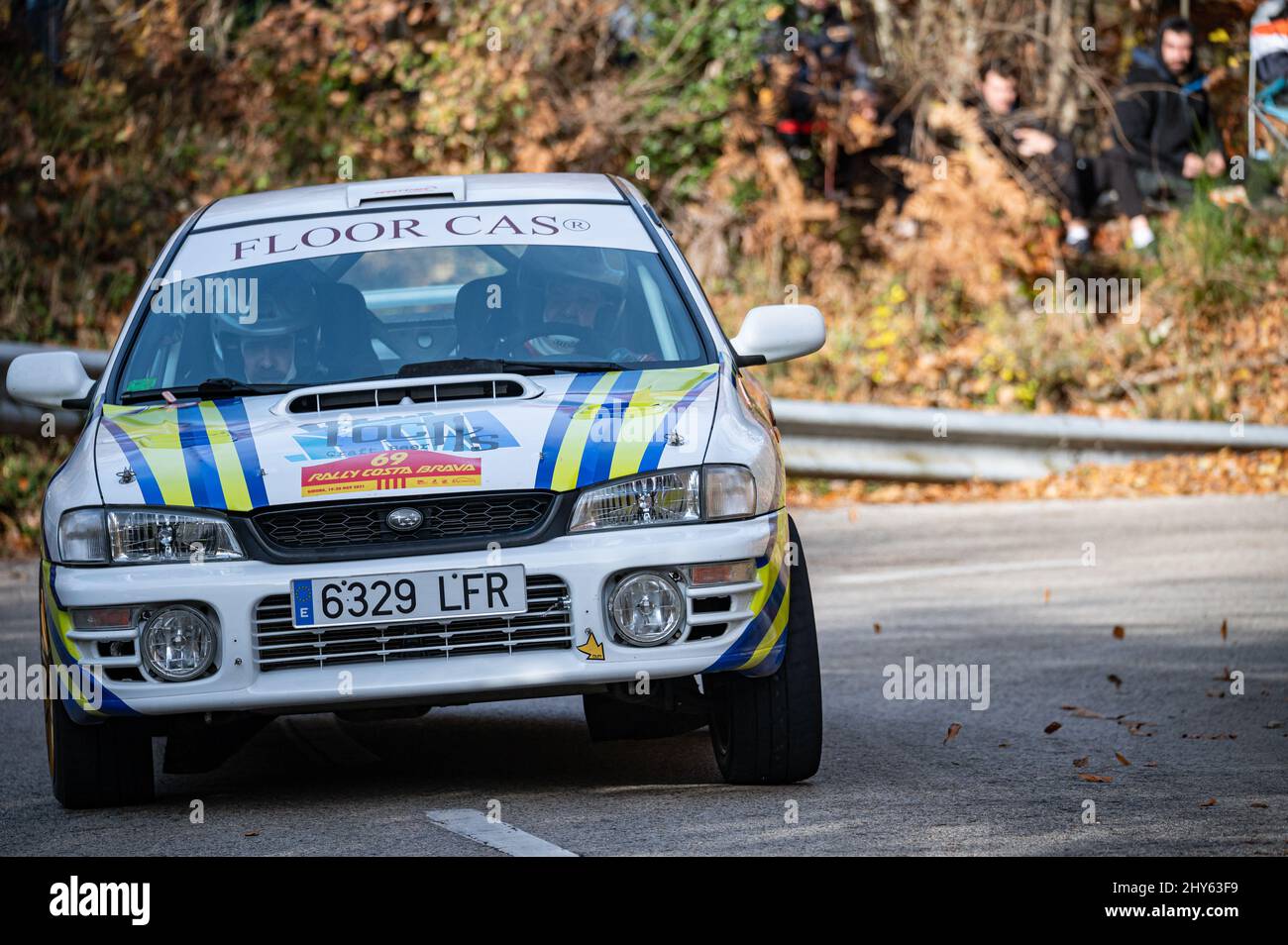 White Subaru Impreza GC8 rally car driving during the 69th Rally Costa ...