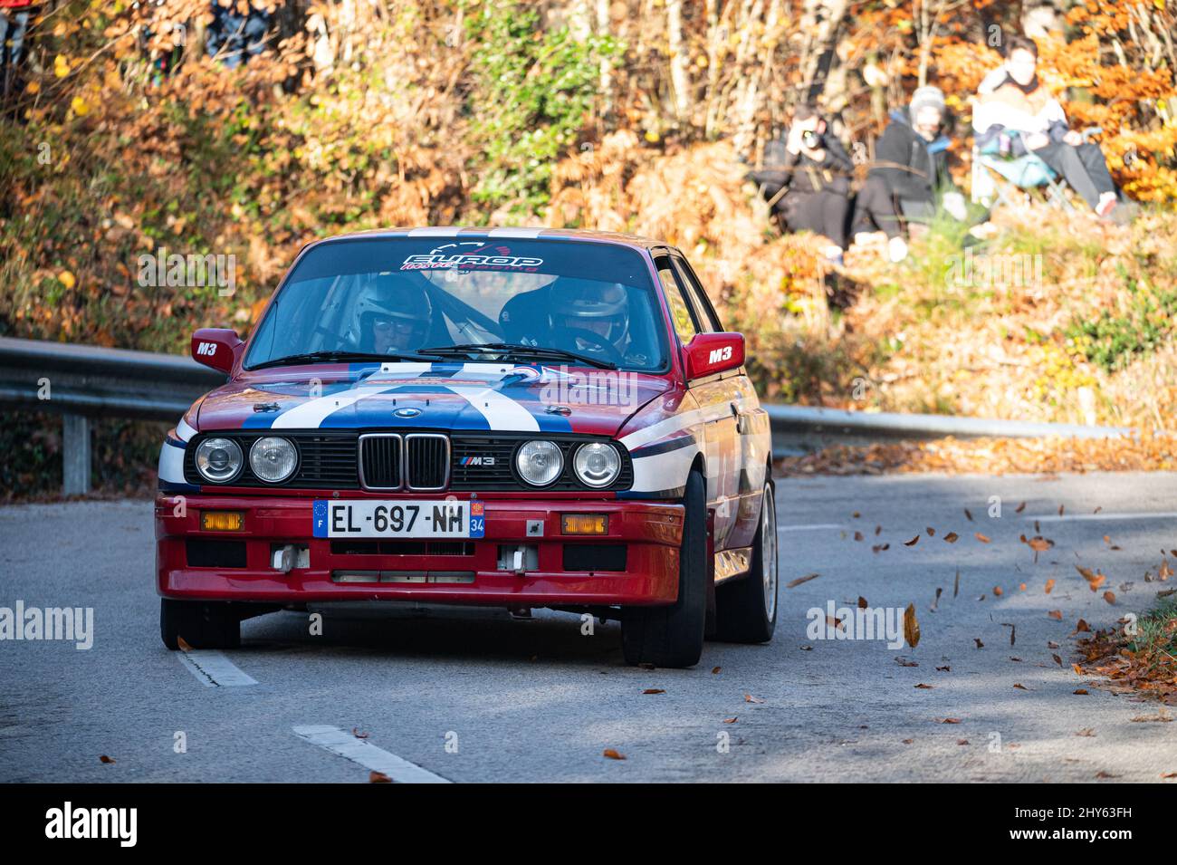 Red BMW E30 M3 rally car driving during the 69th Rally Costa Brava ...