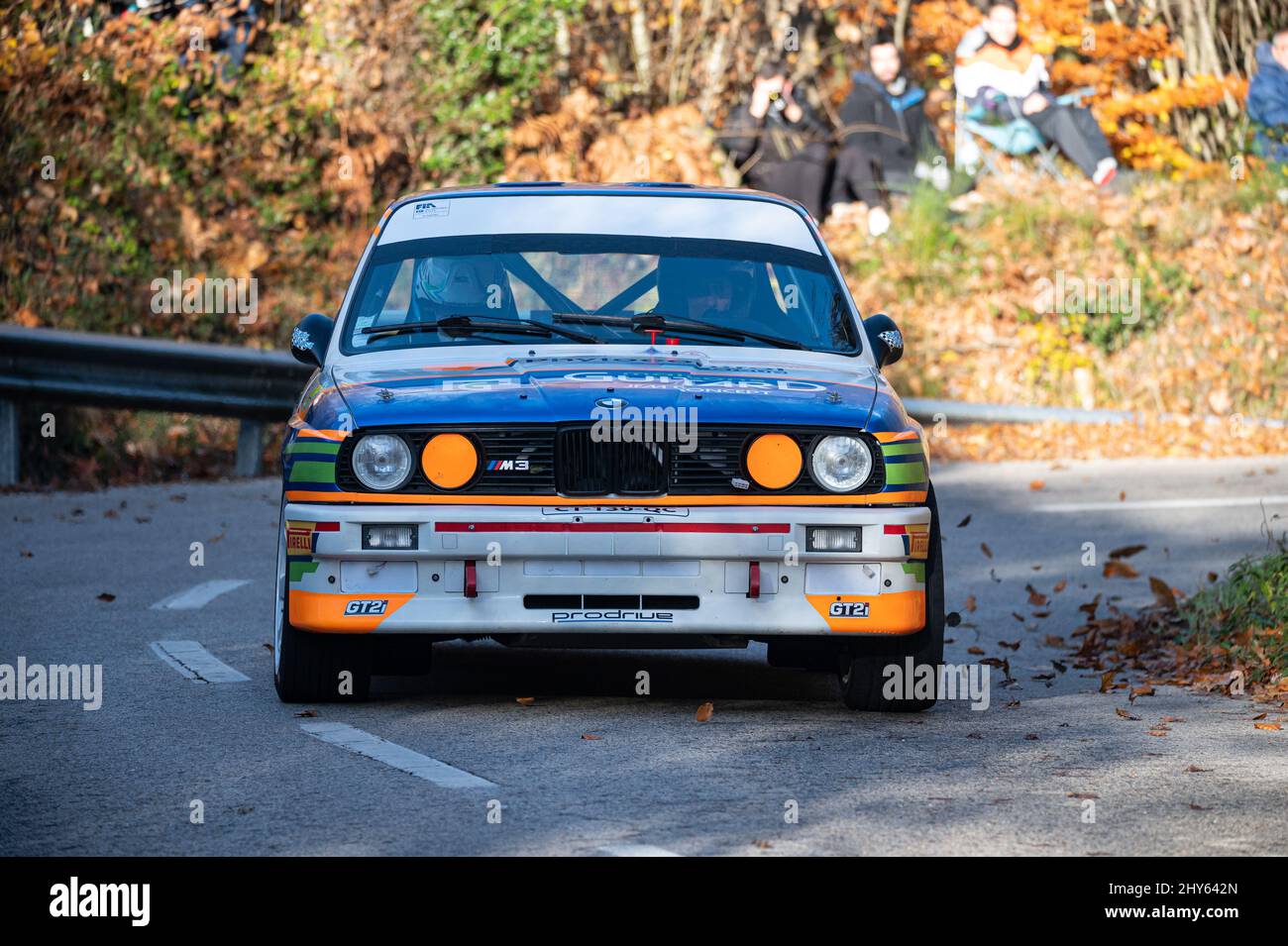 Colorful BMW E30 M3 rally car driving during the 69th Rally Costa Brava ...