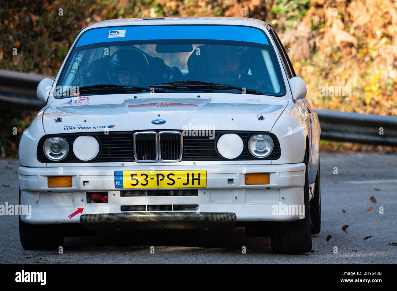 White BMW E30 M3 rally car driving during the 69th Rally Costa Brava ...
