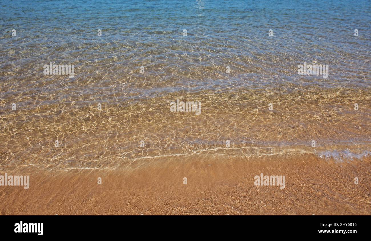 Calm sea beach background. Summer tropical beach with sand. Ocean water ...