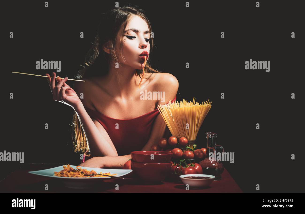 Sensual woman eat spaghetti. Healthy food concept. Hunger and appetite ...