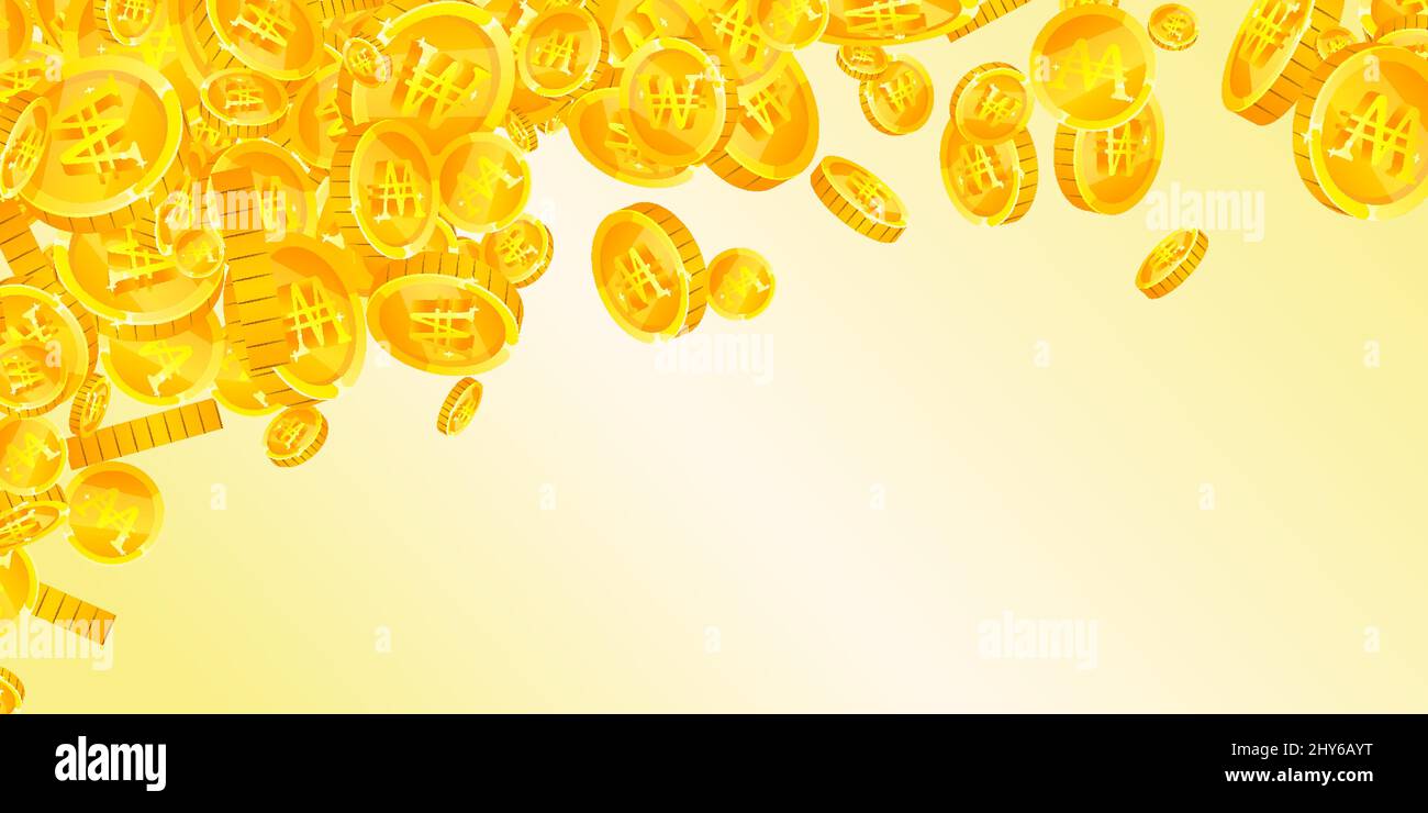Korean won coins falling. Gorgeous scattered WON coins. Korea money ...