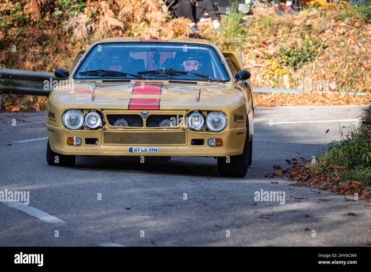 Vintage 69th edition of the Costa Brava rally Lancia 037 car on a road ...