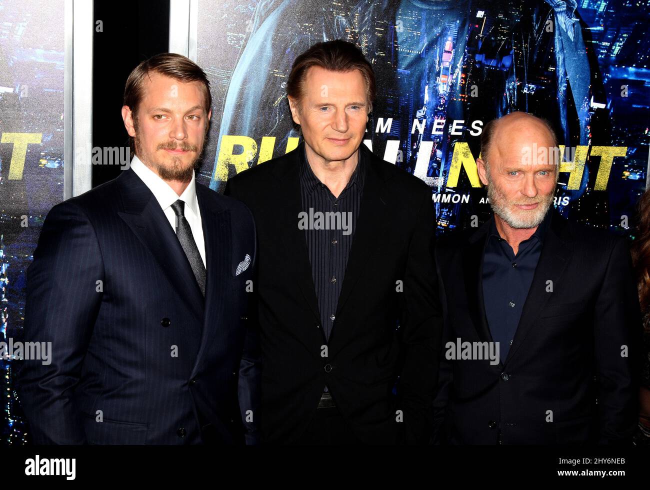 Joel Kinnaman, Liam Neeson and Ed Harris attending the premiere of "Run ...