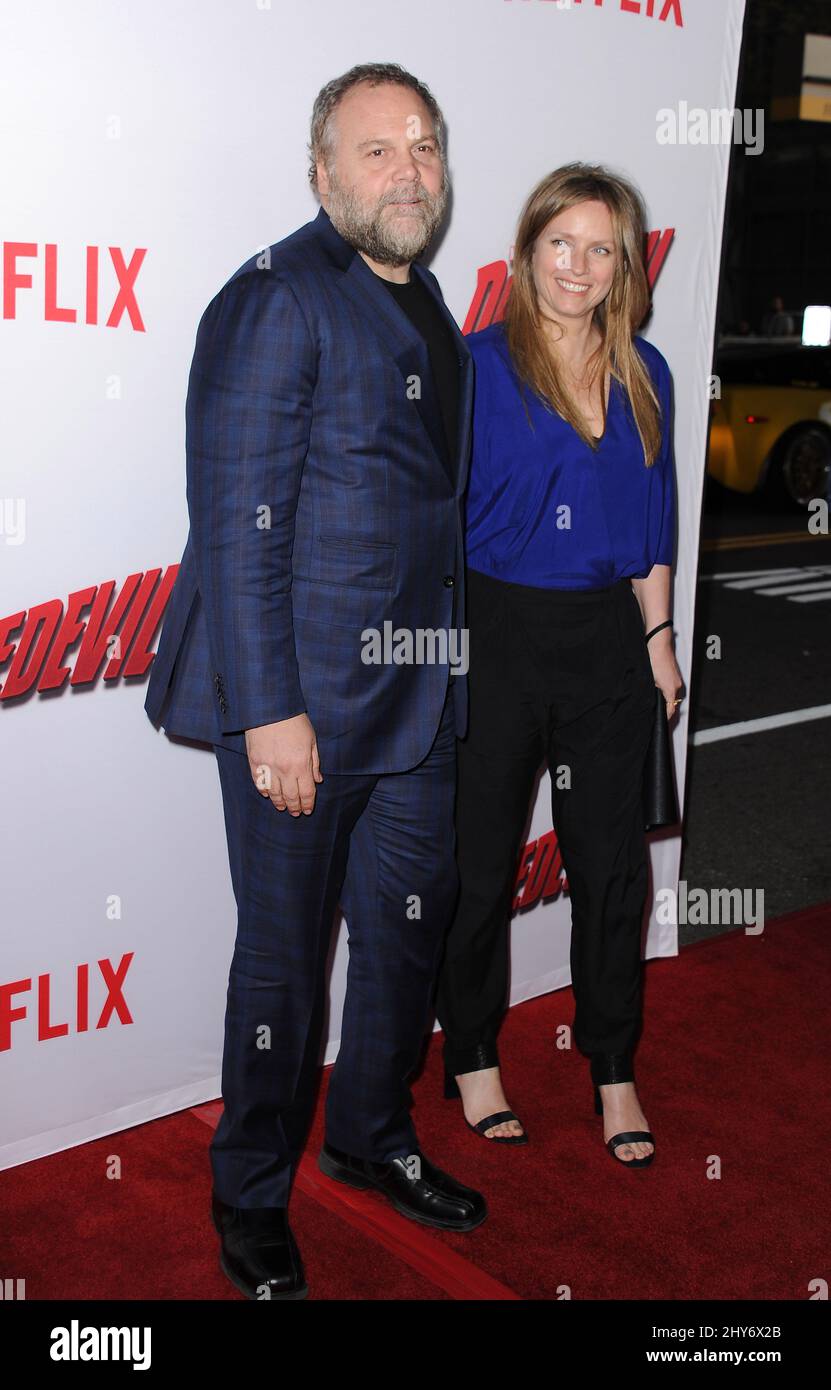 Vincent D'Onofrio, Carin van der Donk attending the 'Daredevil' premiere in Los Angeles Stock ...